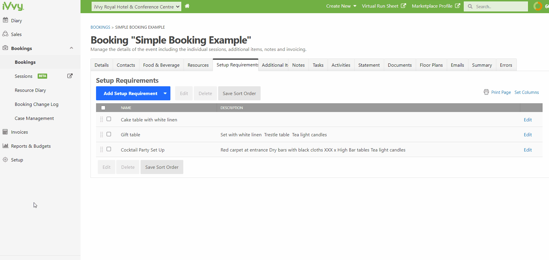Adding Setup Requirements to a Quote or Booking